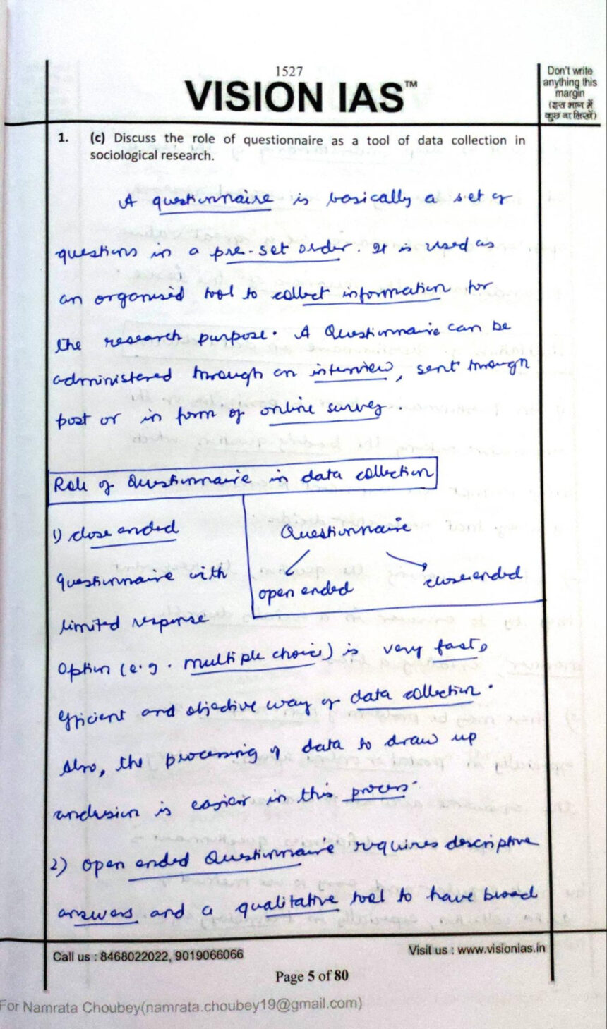 IAS Topper's Sociology Test Copy 12 Handwritten Notes by Vision IAS in ...