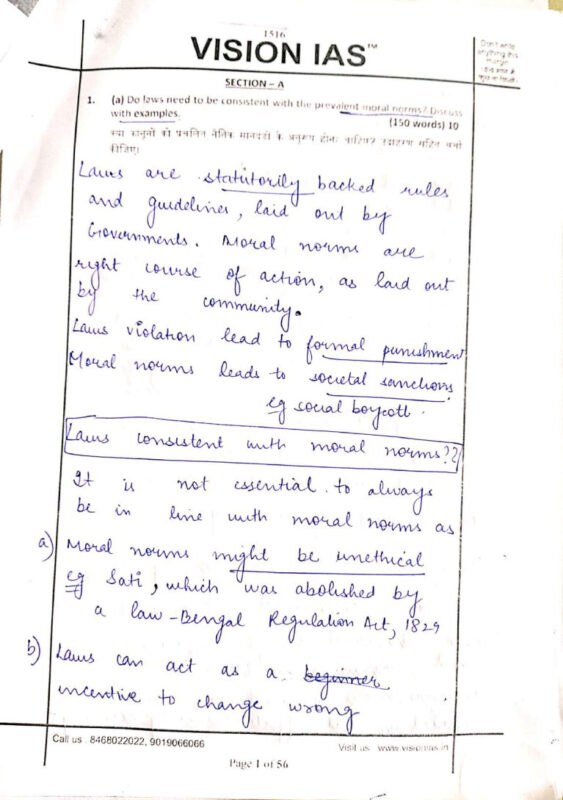 Topper's Ethics Handwritten 15 Test Copy Notes by Vision IAS in English ...