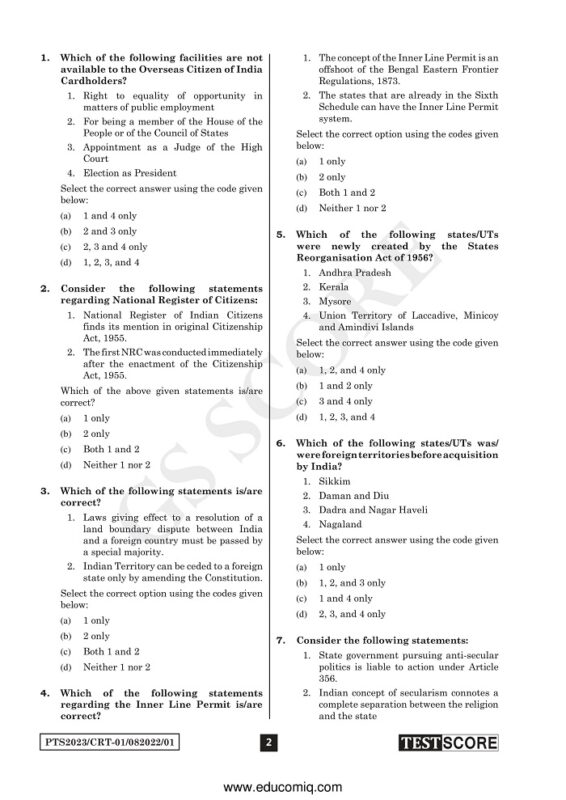 GS SCORE PT CRT 19 Test Series English for Prelims 2023