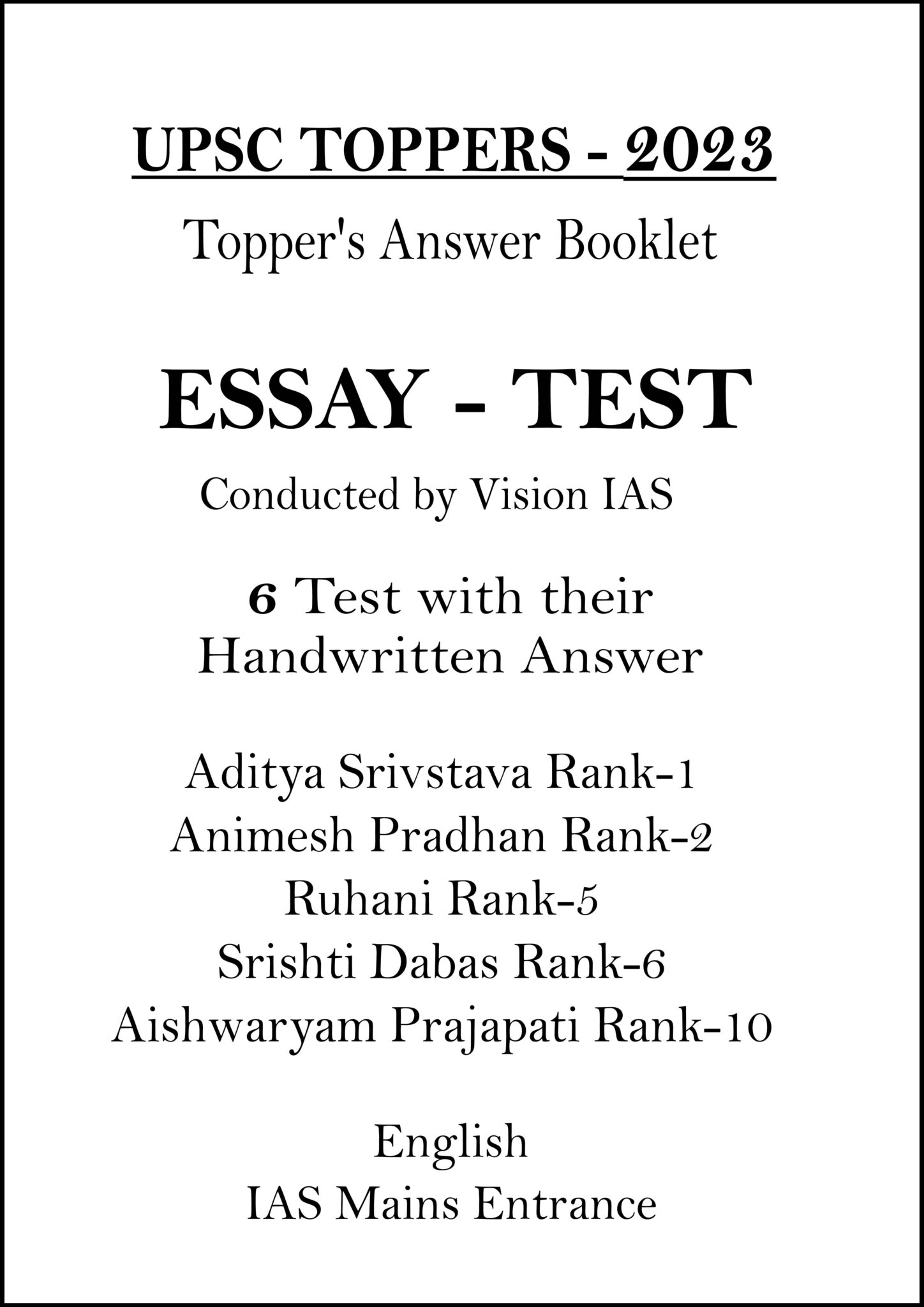 Vision IAS 6 Essay Handwritten Copy of 2023 UPSC Toppers in English for ...