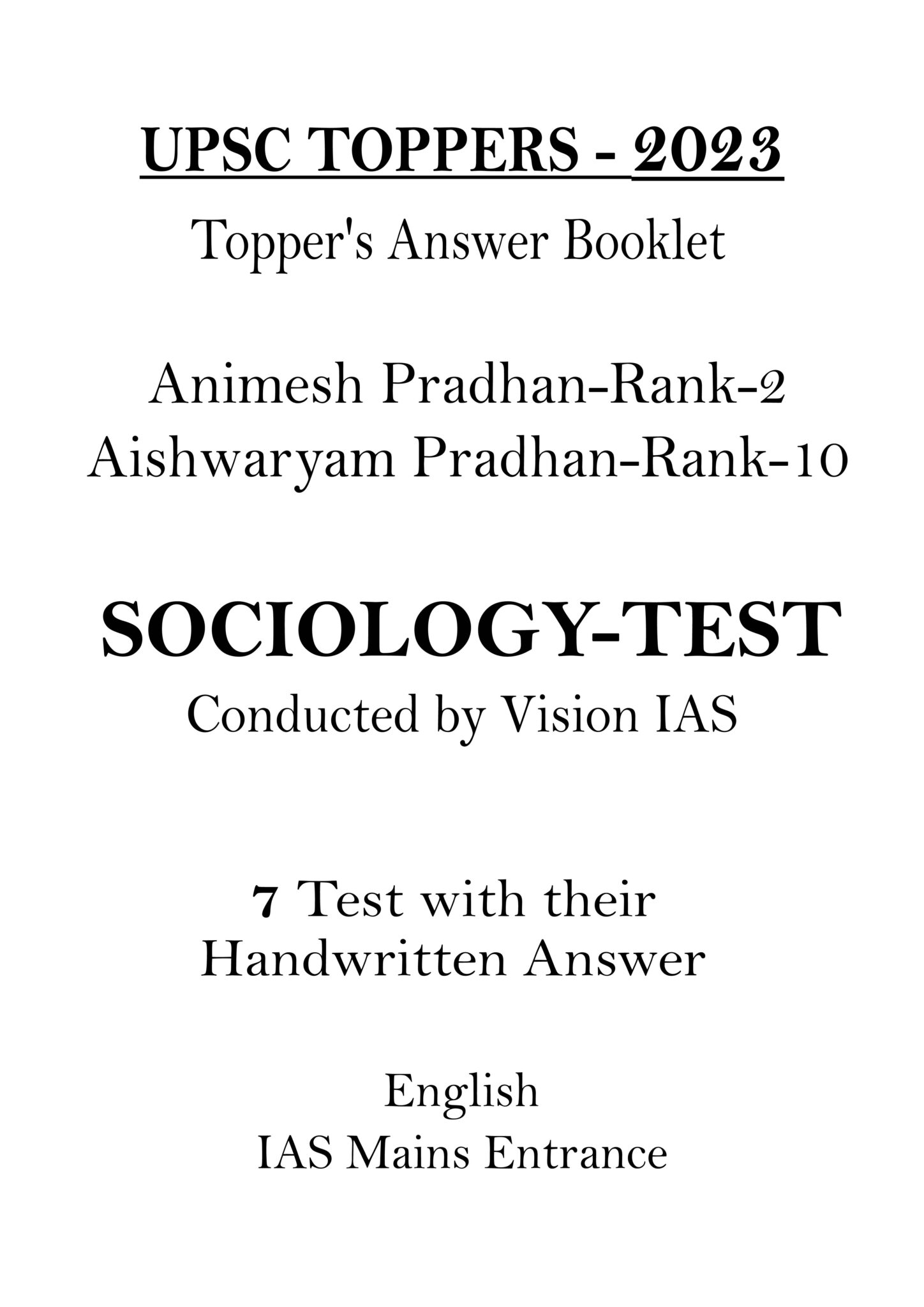 Sociology Handwritten Test Copy of 2023 UPSC Toppers of Animesh and ...